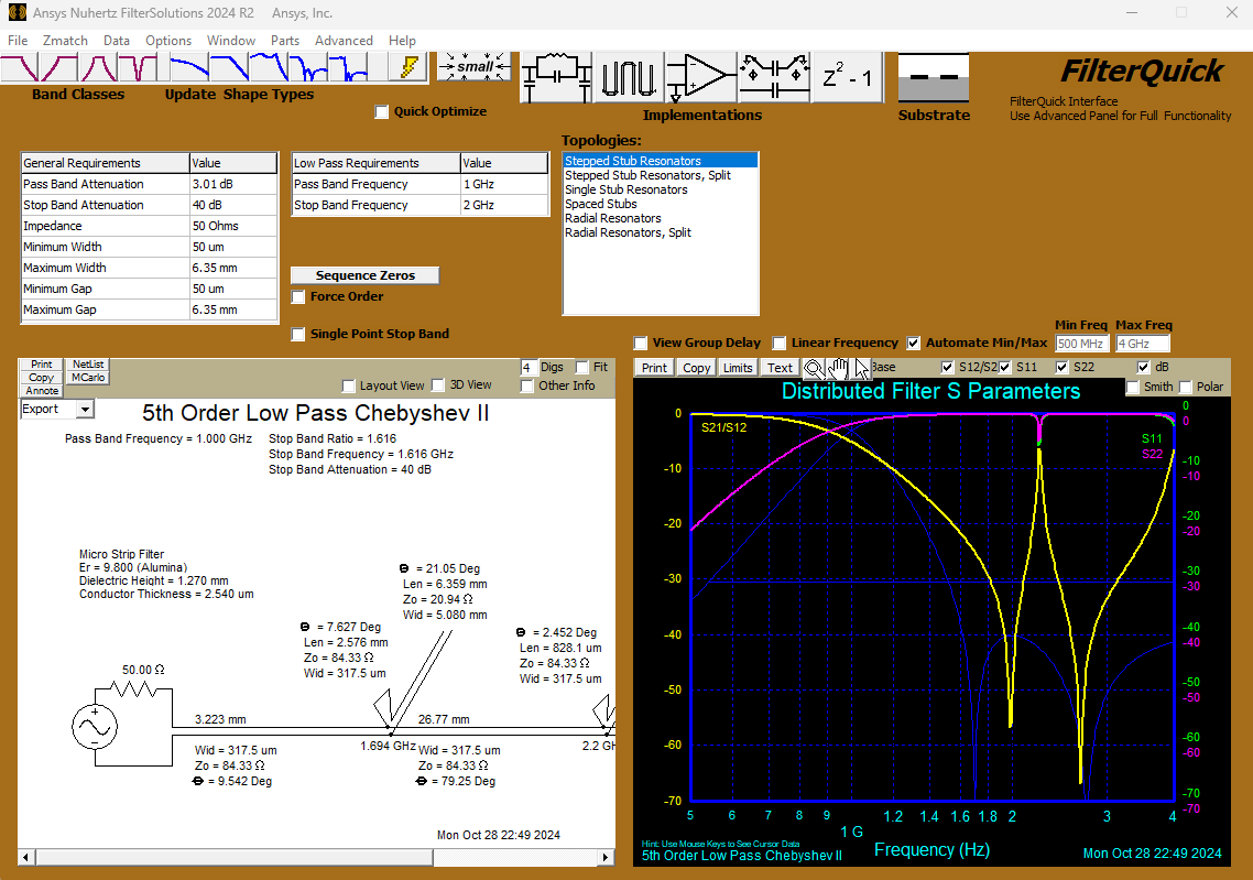 NuHertz/HFSS: Planar LPF Chebyshev-II implementation using rectangular, radial and impedance stubs