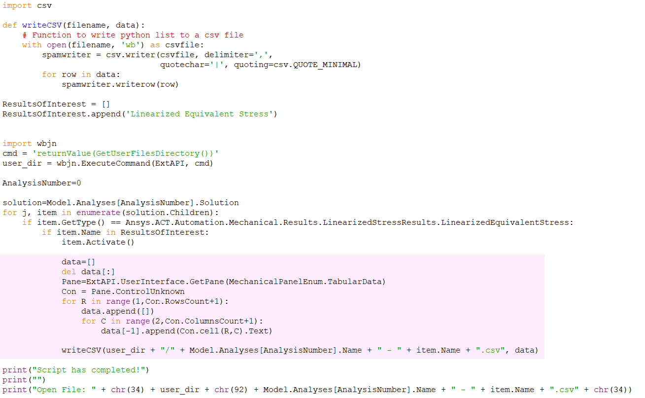 Using Python to Export Tabular Data from within ANSYS Mechanical